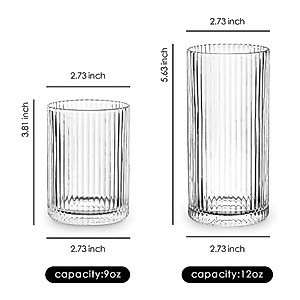 Combler Glass Cups with Straws, Drinking Glasses 12.5oz, Ribbed Glassware Set of 4, Iced Coffee Cup, Coffee Bar Accessories, Vintage Glassware Sets for Beer Smoothie Whiskey Cocktail Glasses, Gifts