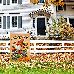 Selmad Welcome Fall Gnome Pumpkin Decorative Burlap Garden Flag, Bike Sunflower Home Yard Small Outdoor Decor, Harvest Thanksgiving Autumn Outside Decoration Double Sided 12 x 18