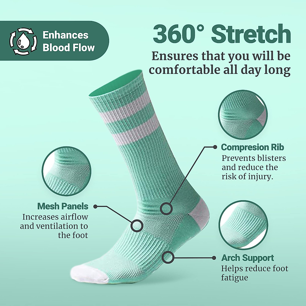 Love Classic, Mint, Medium-Large, Light Weight Compression Athletic Crew Socks for Women