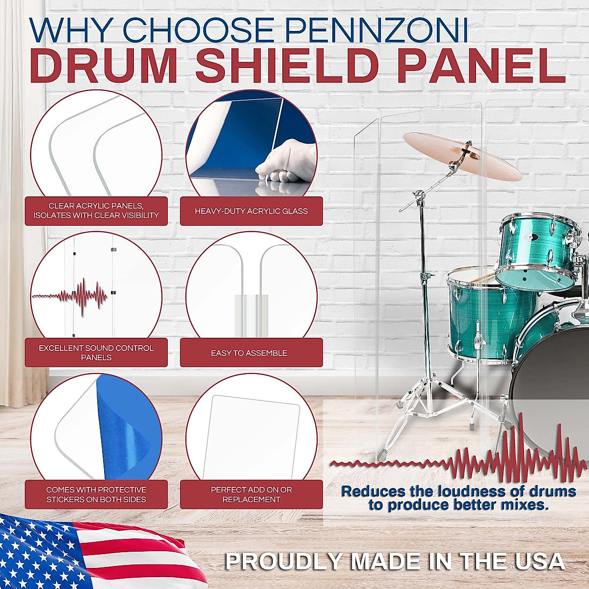 PENNZONI Drum Shield 6ft Single Panel w/Living Hinge, Premium Clear Acrylic Panel, Drum Screen