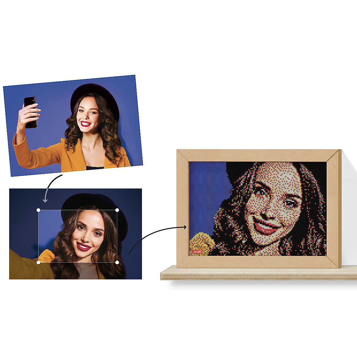 Quercetti Pixel Art 8 Take a Selfie Mosaic Kit - Turn Any Photo into Mosaic Art with 9600 Pegs in 6 Colors and 8 Pegboards, with Frame for Hanging and Display, Ages 9 Years and Up