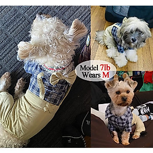 Pet Clothes Dog Shirts Classic Plaid Striped Overall Jumpsuit, Gentle Puppy Wedding Birthday Western Onesies Apparel, Fashion Daily Outfit with Bowtie for Dogs and Cats (Medium, Khaki)