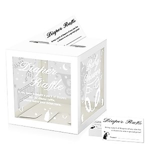 QISOLIY 50 Pieces Diaper Raffle Tickets with Box Baby Shower Game Invitations Diaper Raffle Cards Diaper Raffle Box Set for Baby Shower Gender Reveal Party Supplies Card Box (Clear White)