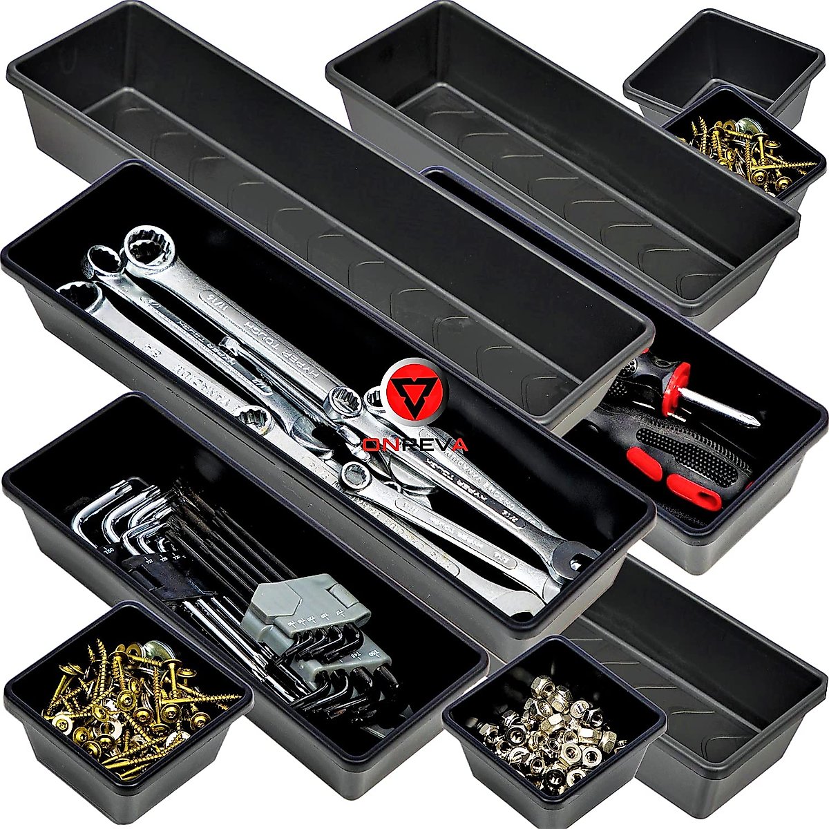 ONREVA Tool Box Organizer Tray Divider Set, Extra Large Toolbox Trays, Tool Box Organizers and Storage Kit, Rolling Tool Chest Drawer Bins, Hardware Screwdrivers Pliers Organization, 6pcs