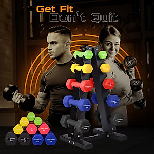 Fitness Republic Solid Steel Dumbbell Rack Holder, A-Frame Dumbbell Storage Racks, dumbbells tower for home gym exercise, Neoprene Dumbbells Pairs (3lb, 5lb, 8lb, 10lb, 12lb) with 5 Tier Rack Combo