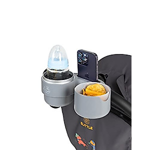 Funbliss 4 in 1 Stroller Cup Holder with Snacks Holder with Phone Holder,Deluxe Snack Pod Includes A Snack Catcher and Drink Holder,Free 2 Stroller Hooks,Grey