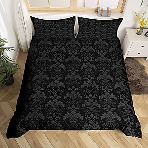 Paisley Flowers Kids Duvet Cover Set Queen Size,Hand Drawn Flowers Botanical Plants Bedding Set,Boys Girls Room Decor,Paisley Hippy Boho Exotic Comforter Cover,Black Retro Quilt Cover,2 Pillowcases