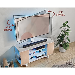 FITUEYES TV Stand with Mount for 32-70 inch TVs, Entertainment Center Holds Up to 110 Pounds, Swivel Floor TV Stand Mount for Living Room, Bedroom (Natural Television Stands, LED Light)