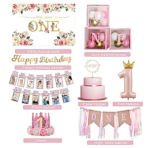 Baby Girl 1st Birthday Decorations , Baby First Birthday Supplies for Girl,Including Balloon Boxes, Pink Gold Balloons Garland Arch Kit，Party Backdrop, High Chair Banner, Crown, Photo Banner
