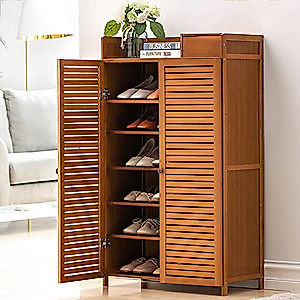 QQXX Bamboo Shoe Cabinet,Rustic Entryway Shoe Storage Cabinet Shoe Rack Cabinet,Shoes Cabinet with Doors and Drawer,Farmhouse Shoe Organizer for Hallway Bedroom Closet(26 * 13 * 45", Brown)