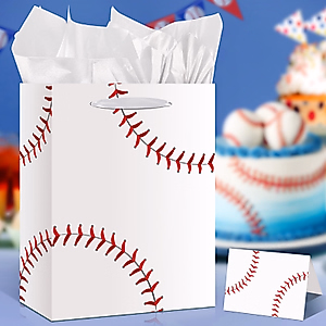 Baseball Party Gift Bag, Large White Baseball Gift Wrap Bags with Tissue Paper Greeting Card Decorations for Sport Party Favor Baseball Birthday Goodie Gifts Wrapping Bags for Kids Teens Team Supplies