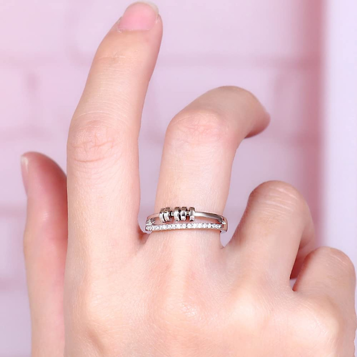 Tiny Round Spinner Fidget Open Ring Crystal Cubic Zirconia Double Layer Small Circle Adjustable Statement Anti Anxiety Worry Thin Finger Band Rotate Stress Relief Expandable Promise Engagement Ring Fashion Jewerly Gifts for Women