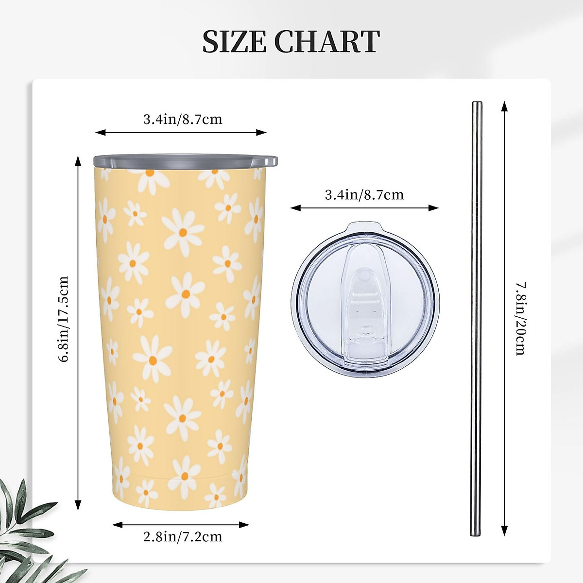 CHASOEA Daisy Tumbler 20oz Floral Stainless Steel Insulated Tumblers with Lid and Straw Yellow Travel Coffee Mug Tea Wine Cups Water Bottle Daisy Gifts for Women
