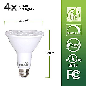 Bioluz LED 4 Pack PAR38 LED Light Bulb 90 CRI 12W = 100-120 Watt Replacement, Soft White 3000K, Dimmable Light Bulbs Flood Lights Outdoor/Indoor UL Listed Light Bulbs Title 20 High Efficacy LED Bulbs