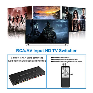 RuiPuo 4Port AV to HDMI Converter, 4Port AV to HDMI Switcher with IR Remote, Support 16:9/4:3 and Quick Switch Compatible with WII/N64/SNES/Xbox/PS1/PS2/PS3/VHS/VCR/DVD Players etc.(4AV In-1HDMI Out)