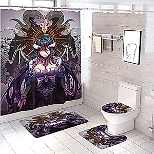 daweitianlong 4 Piece Anime Shower Curtain Set with Non-Slip Rug, Thickened Toilet Lid Cover and Bath Mat,Waterproof Anime Shower Curtain Sets for Bathroom With12 Hooks 71x71 inch, 10