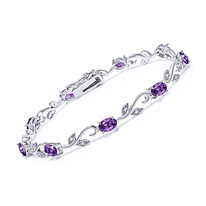 Gem Stone King 4.18 Cttw Purple Amethyst and White Diamond Greek Vine Tennis Bracelet For Women In 925 Sterling Silver | Gemstone Birthstone | Oval 6X4MM | 7 Inch