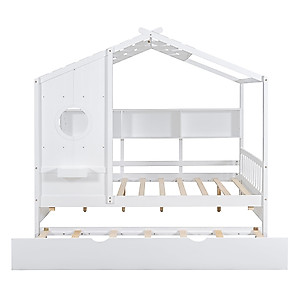 Full Size House Bed with Trundle for Kids,Full Kids Bed Frame with Storage Shelves,Wood House Bed Frame for Girls,Boys,Can be Decorated,White