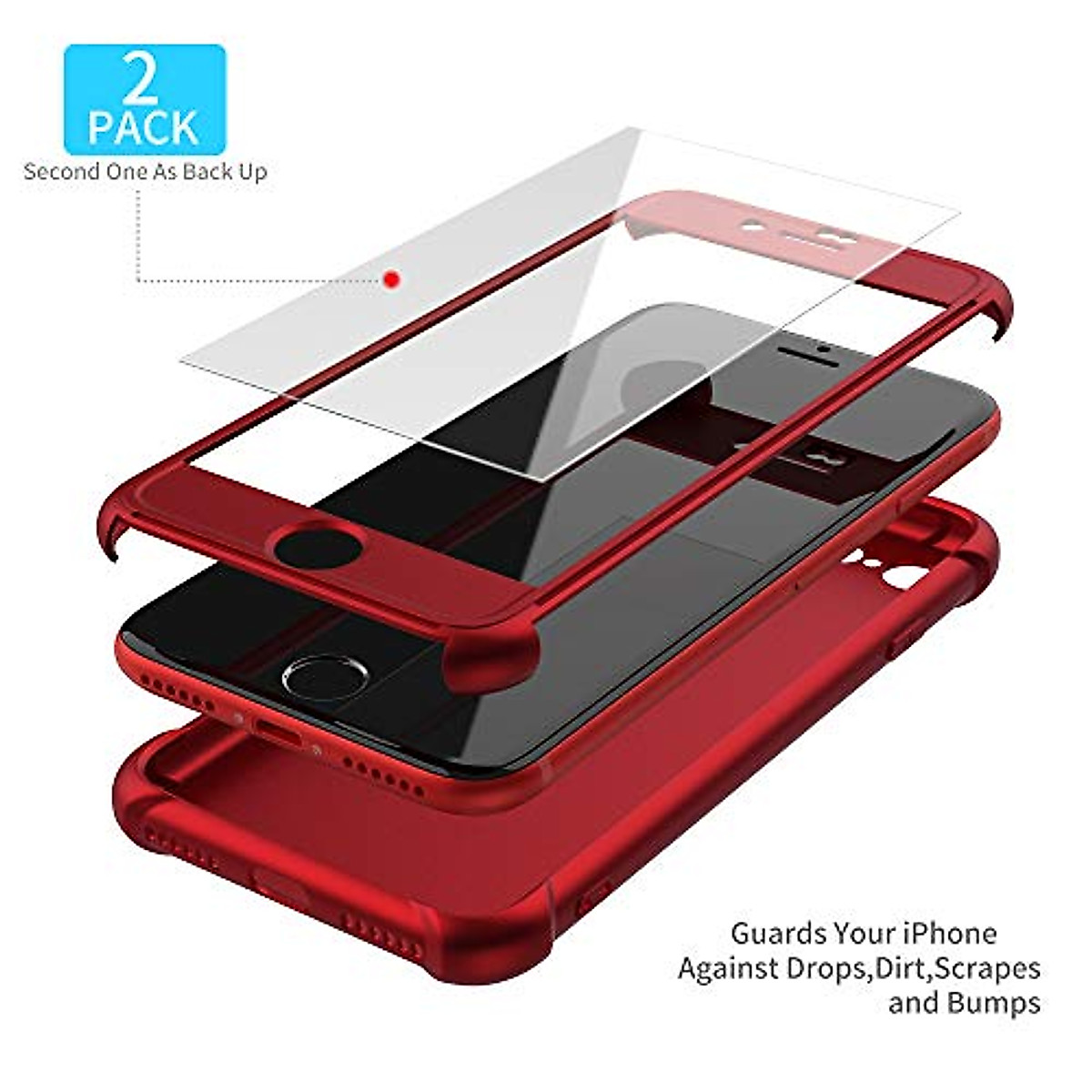 ORETECH Designed for iPhone SE 2022 Case with[2 x Tempered Glass Screen Protector] 360° Full Body Protection iPhone 2020 Case Cover Hard PC Soft Rubber Silicone for iPhone SE 3rd Generation - Red