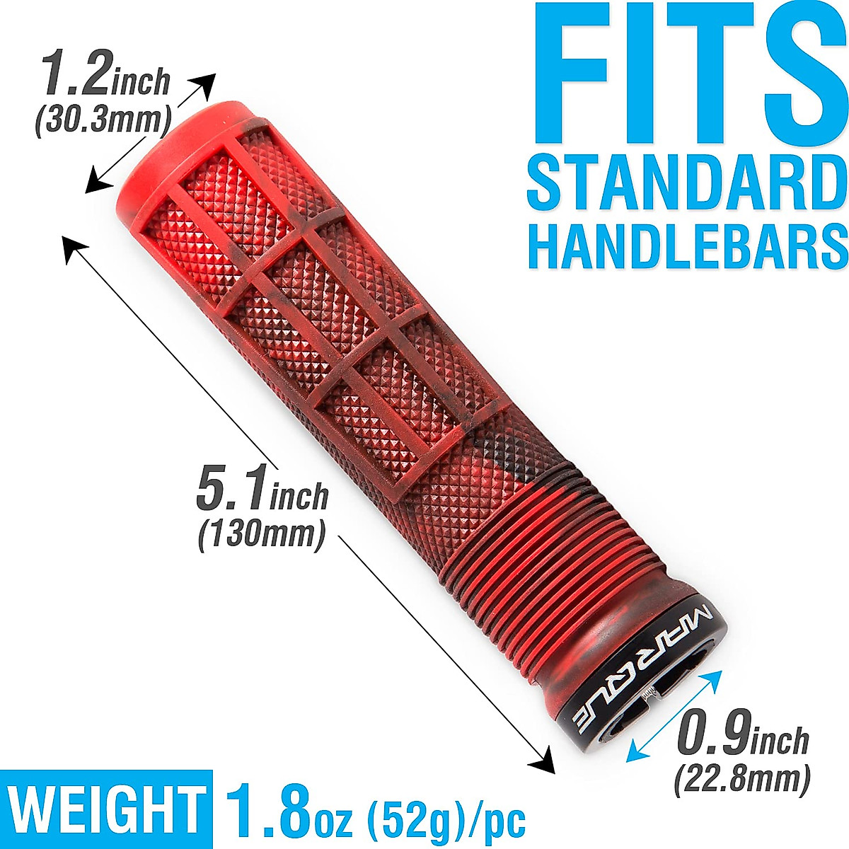 MARQUE Race Mountain Bike Handlebar Grips – Single Lock-On Ring Collar MTB and BMX Bicycle Handle Bar with Non-Slip Grip, Knurly Gritty Pattern and Half Waffle Pattern (Flame Red)