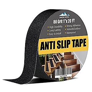 Grip Tape - Heavy Duty Anti Slip Tape 80 Grit Non Slip for Stairs Outdoor/Indoor, Waterproof High Traction Stairs Non Skid Treads, Durable Triple Layer Adhesive - Black (1 Inch x 20 Feet)