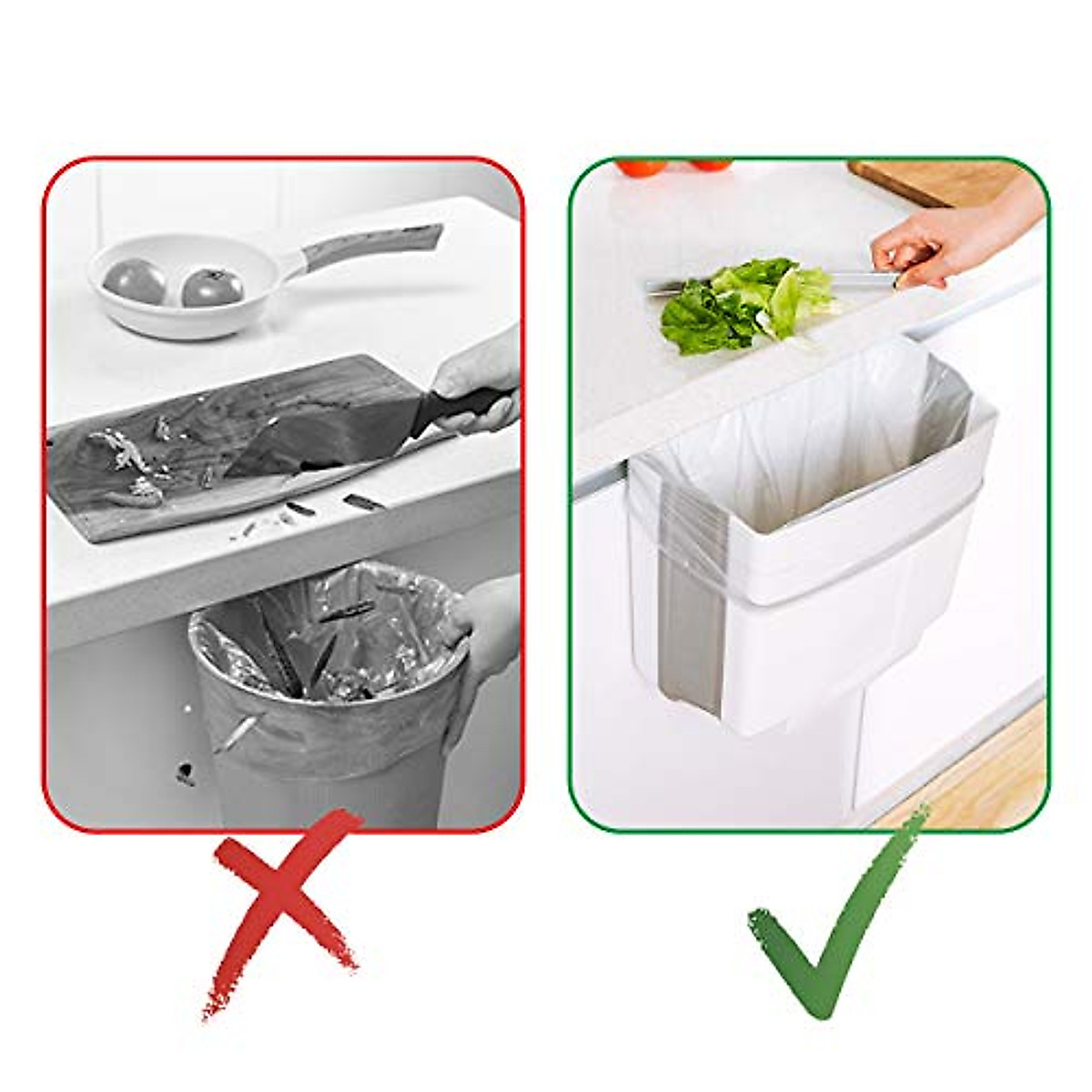 AYADA Kitchen Folding Trash Can, Widened Hanging Collapsible Garbage Can Door Mount Over Cabinet Door Drawer Counter Foldable Plastic Hook Waste Bin Basket with Garbage Bag RV 2.9 Gal