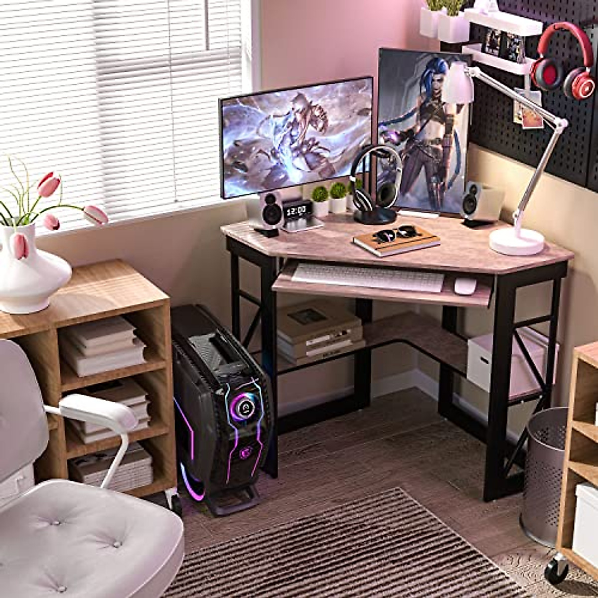 VECELO Corner Computer Desk Writing Smooth Keyboard Tray & Storage Shelves,Compact Home Office Triangle Table, Rustic Natural Brown