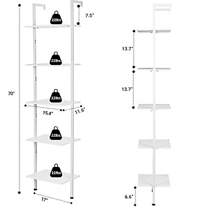 ELYKEN Ladder Shelf, White 5-Tier Wood Wall Mounted Bookshelf with Metal Frame, Modern Open Display Organizer Rack, Leaning Storage Shelves for Living Room, Bedroom, Home Office