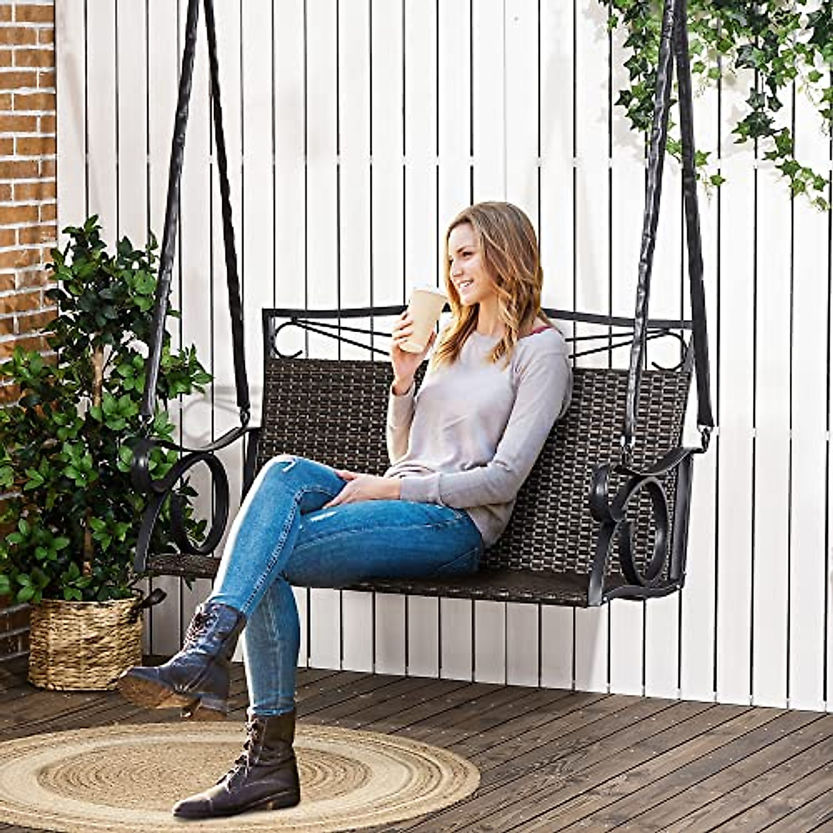 Outsunny 2 Person Wicker Hanging Swing Bench, Front Porch Swing Outdoor Chair with Scrollwork Flourishes & Heart Motif, 528 lbs. Weight Capacity for Backyard, Garden, Brown