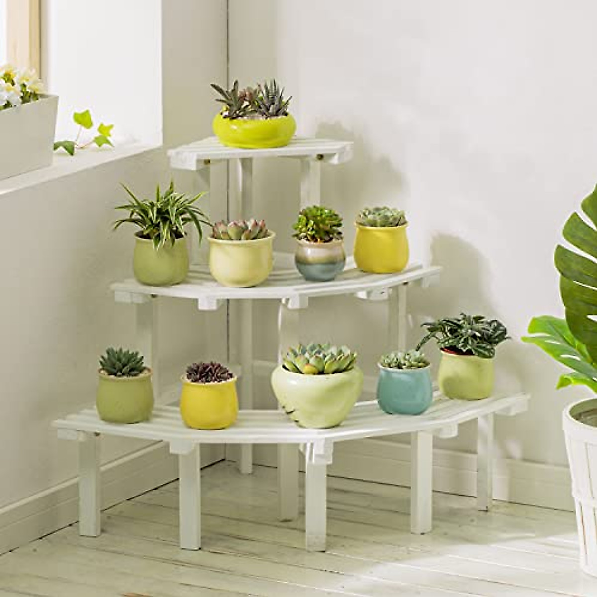 MoNiBloom 3 Tier Corner Stair Plant Stand, Bamboo Quarter Round Plant Display Holder Stair-Step Shelf Multifunctional Plant Support for Indoor Outdoor, White