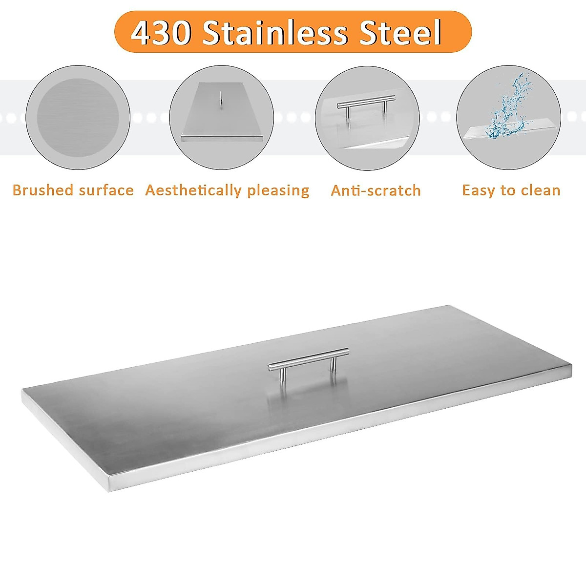 Marada Square Metal Fire Pit Cover Lid 33" x 13" x 1" Fire Pit Cover Rectangular Heat Resistant Stainless Steel Lid 1.5 mm Thick for Burner Pan