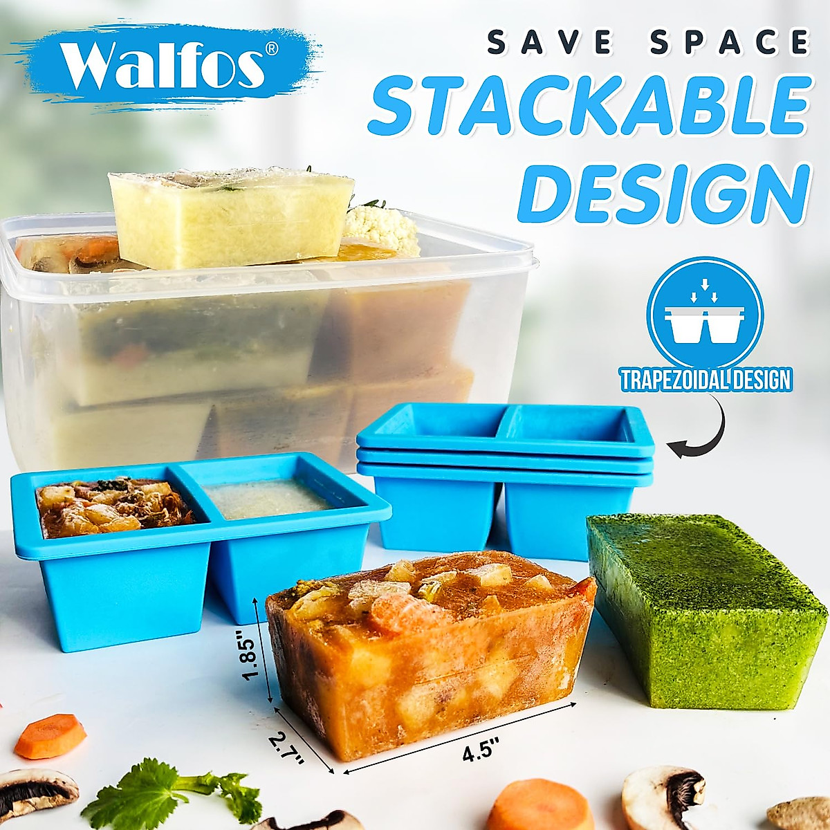 Walfos 1 Cup Silicone Freezer Tray with Lid,Soup Freezer Molds 4 Packs,Bin and Tongs,BPA Free Silicone Freezing Container,Perfect For Storing and Freezing Soup,Broth,Sauce,with 12 Removable Labels