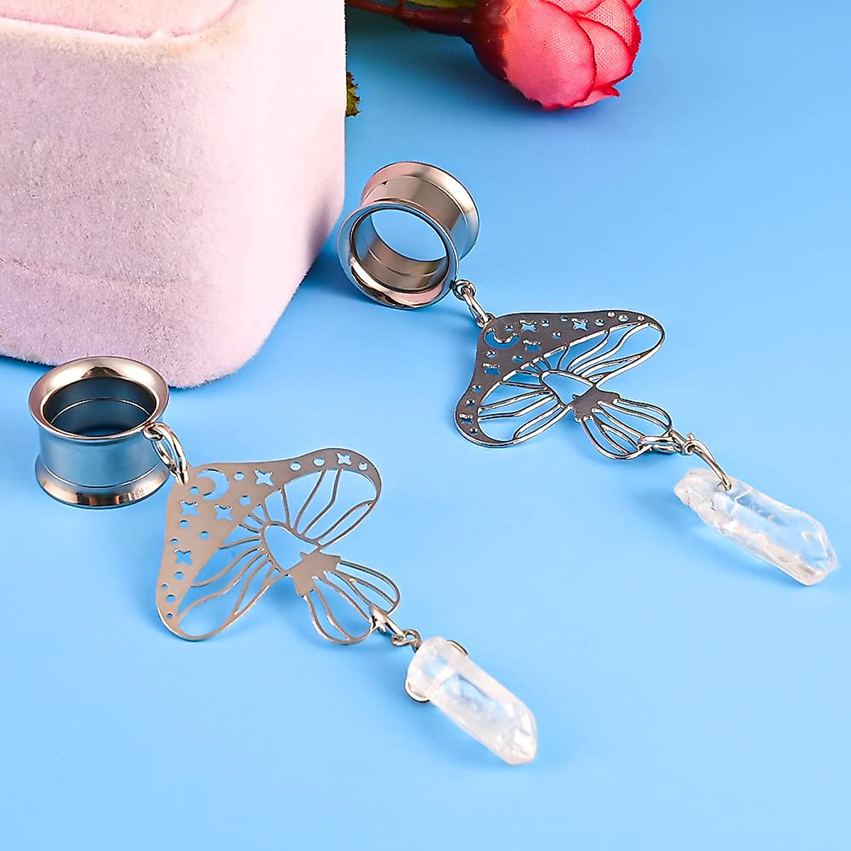 DOEARKO 2PCS Mushroom-Pendant Natural Stone Hypoallergenic Stainless Steel Dangle Ear Plugs Tunnels Ear Gauges Stretcher Pair Selling 2g 0g Piercing Body Jewelry (8mm(0G), Silver)