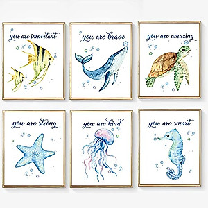 SUUURA-OO Inspirational Words Texture of Dreams Watercolor Sea marine life Art Print Set of 6 (8”X10”), Sea Turtle Seahorse fish whale Jellyfish Watercolor Wall Poster, Blue Ocean Theme Nursery Kids Room Wall Decor
