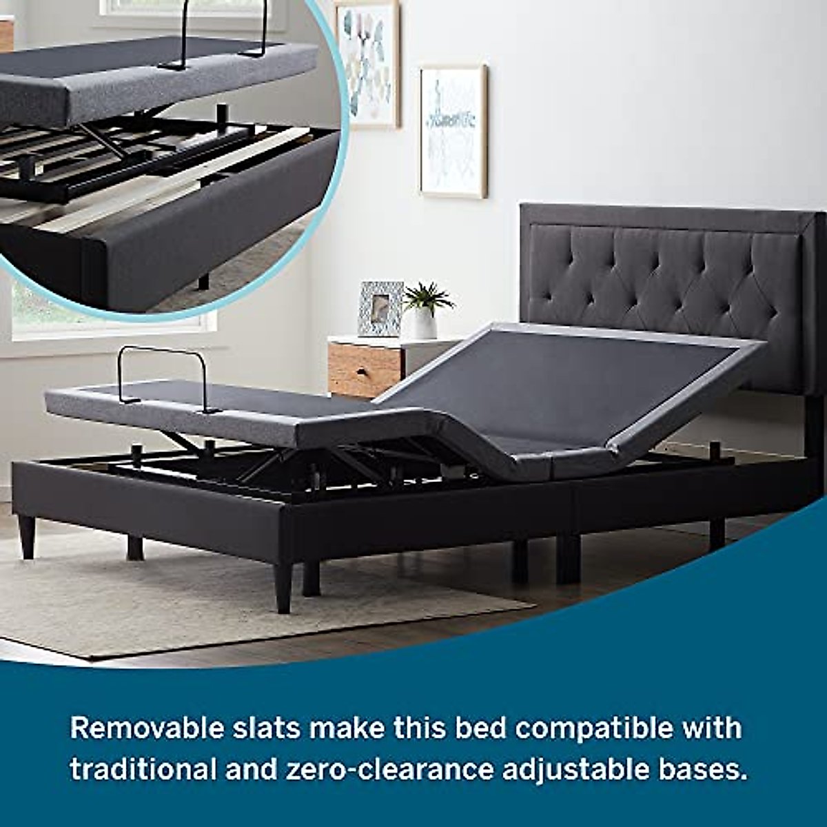 LUCID King Bed Frame with Diamond Tufted Upholstered Headboard – King Size Platform Bed Frame – Removeable Wood Slats – No Box Spring Needed – Easy Assembly – Pearl