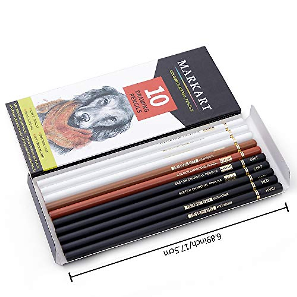 MARKART Professional Charcoal Pencils Drawing Set 10 Pieces Colour Charcoal Pencils for Drawing, Sketching, Shading, Blending, Sketch Highlight White Pencils for Beginners & Artists