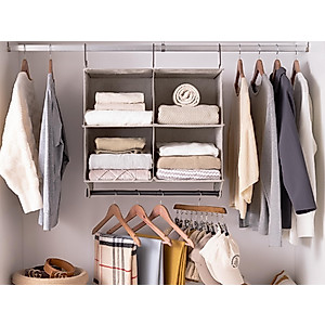 StorageWorks Hanging Closet Organizer with Garment Rod, 4 Section Closet Hanging Shelves, Hanging Clothes Cube Organizer, Mixing of Brown & Beige, 12 ¼" D x 24 ½" W x 28" H