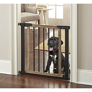 NMN Designs Logan Dog Gate - Indoor Pet Barrier and Wooden Dog Gate with Walk Through Swinging Door - Pressure Mounted for Walls and Stairs - Puppy Gates for The House - Expandable 29.5" to 51.5"