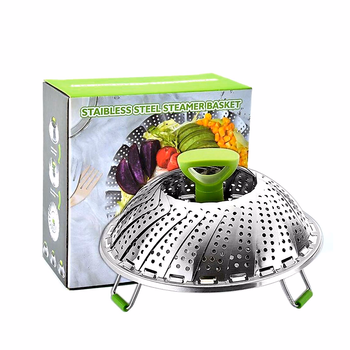 Vegetable Steamer Basket, Stainless Steel Folding Steamer Basket Insert for Veggie Fish Seafood Cooking, Expandable to Fit Various Size Pot (5.1" to 9" Triangle)
