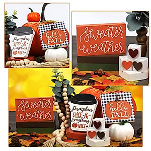 DAZONGE 7PCS Fall Decorations for Home, Happy Fall Decor, Hello Fall, 3D Heart, Sweater Weather, Bead Garland, Pumpkin Mug Fall Signs, Fall Tiered Tray Decor, Rustic Fall Tabletop Decor