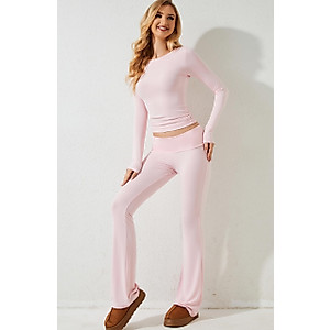 MISSACTIVER Women's Two Piece Outfit Basic Long Sleeve Crop Top and Low Rise Flare Pants Set Lounge 2 Piece Yoga Tracksuit（Pink, Medium