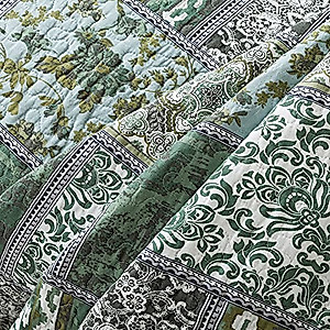 NEWLAKE Cotton Bedspread Quilt Sets-Reversible Patchwork Coverlet Set, Green Classic Bohemian Pattern,Queen Size