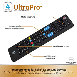 GE Samsung Replacement Remote, Universal Remote Control Compatible for Roku, Apple TV, Smart TV, Soundbar, Streaming Player, Blu Ray, DVD, DVR, 4 Device, Black, 44235