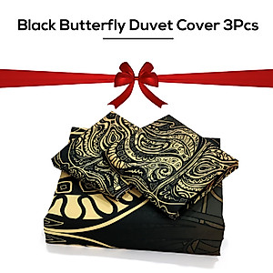 Zhh Duvet Cover Queen Bedding 3 of Set - 3D Digital Butterfly Quilt Cover with 4 Corner Belts, Soft Breathable, Black