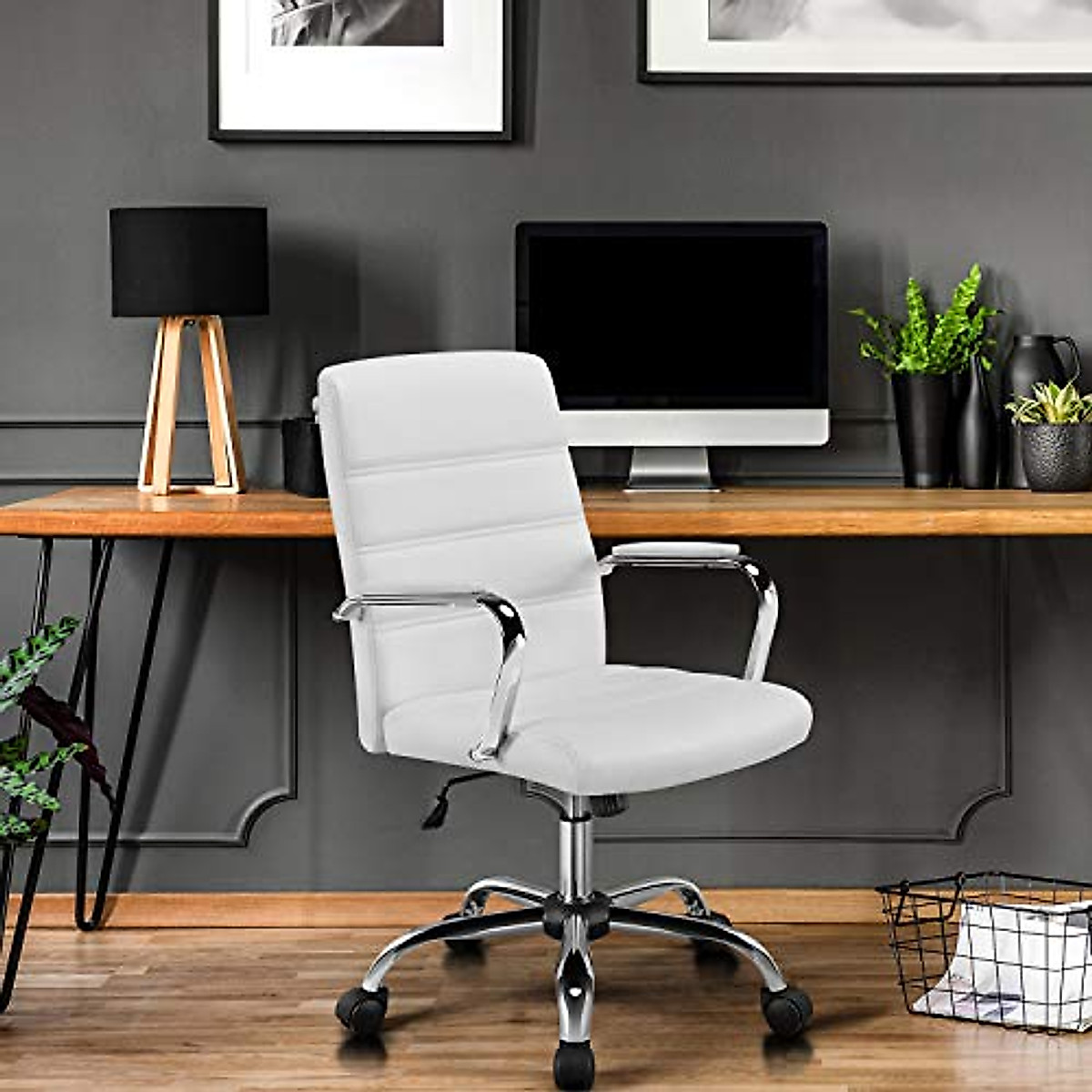 Yaheetech Mid-Back Office Chair with Arms 360° Swivel PU Leather Height Adjustable Office Executive Chair, White