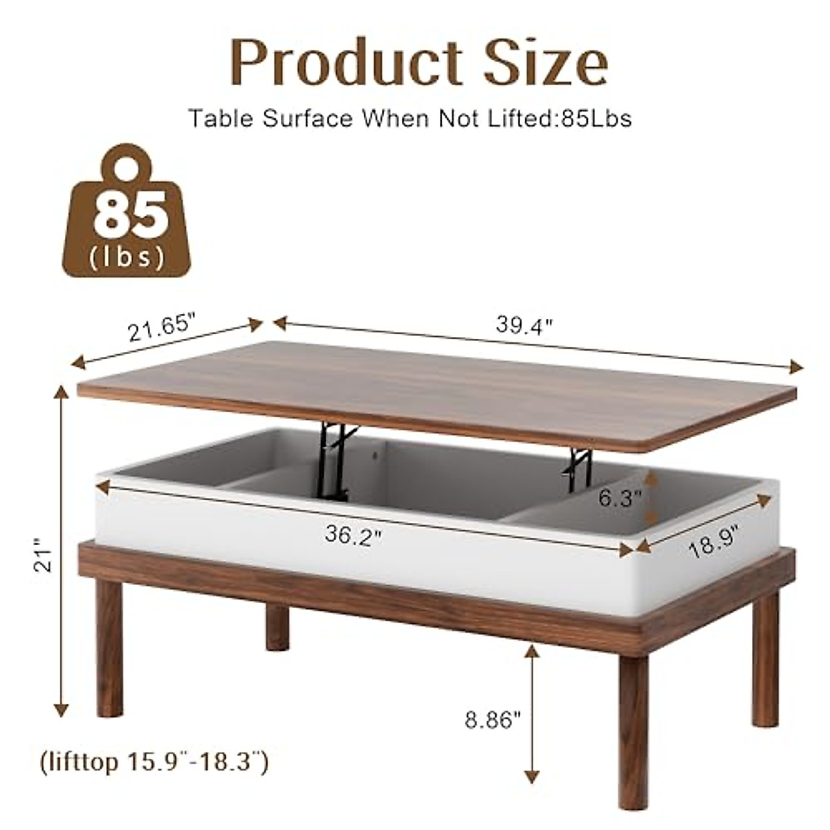 Shintenchi Coffee Table, Lift Top Coffee Table with Hidden Compartment, Rising Tabletop Dining Table, Lift Top Coffee Center Table for for Living Room, Office, Home (Walnut)