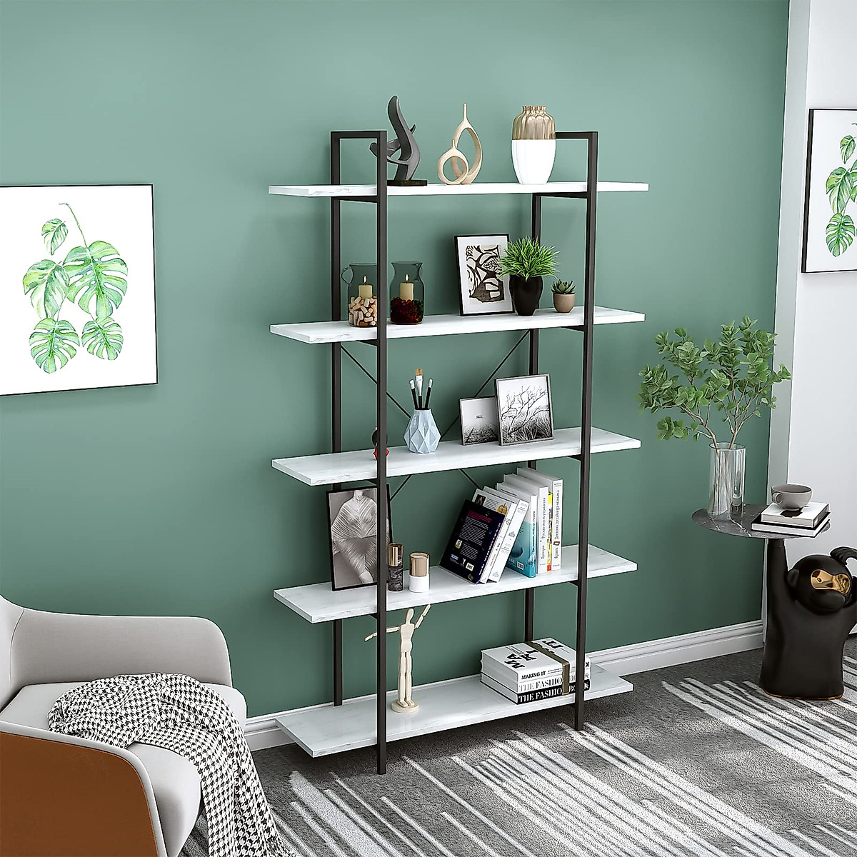 IOTXY 5-Tier Open Shelf Bookcase - Modern Freestanding Wooden Display Stand Unit with Metal Frame for Home and Office, Bookshelf, Black White