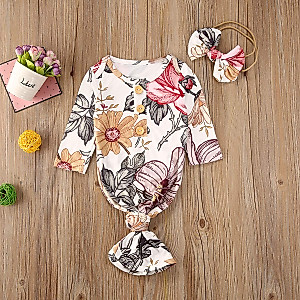 Mubineo Newborn Infant Baby Girl Boy Floral Print Cotton Sleeper Gown with Headband Outfits (X-a Beige, 0-3 Months)