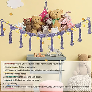 Salamanda Stuffed Animal Net or Hammock with wall decal and star LED Light, Boho Toy Hammock Hanging Stuffed Animal Storage Net Organizer Holder for Bedroom, Nursery (B-Purple)