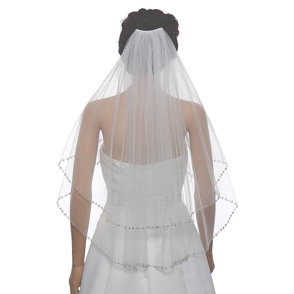 2T 2 Tier Silver Pearl Crystal Beaded Veil - Light Ivory Fingertip Length 36" V485